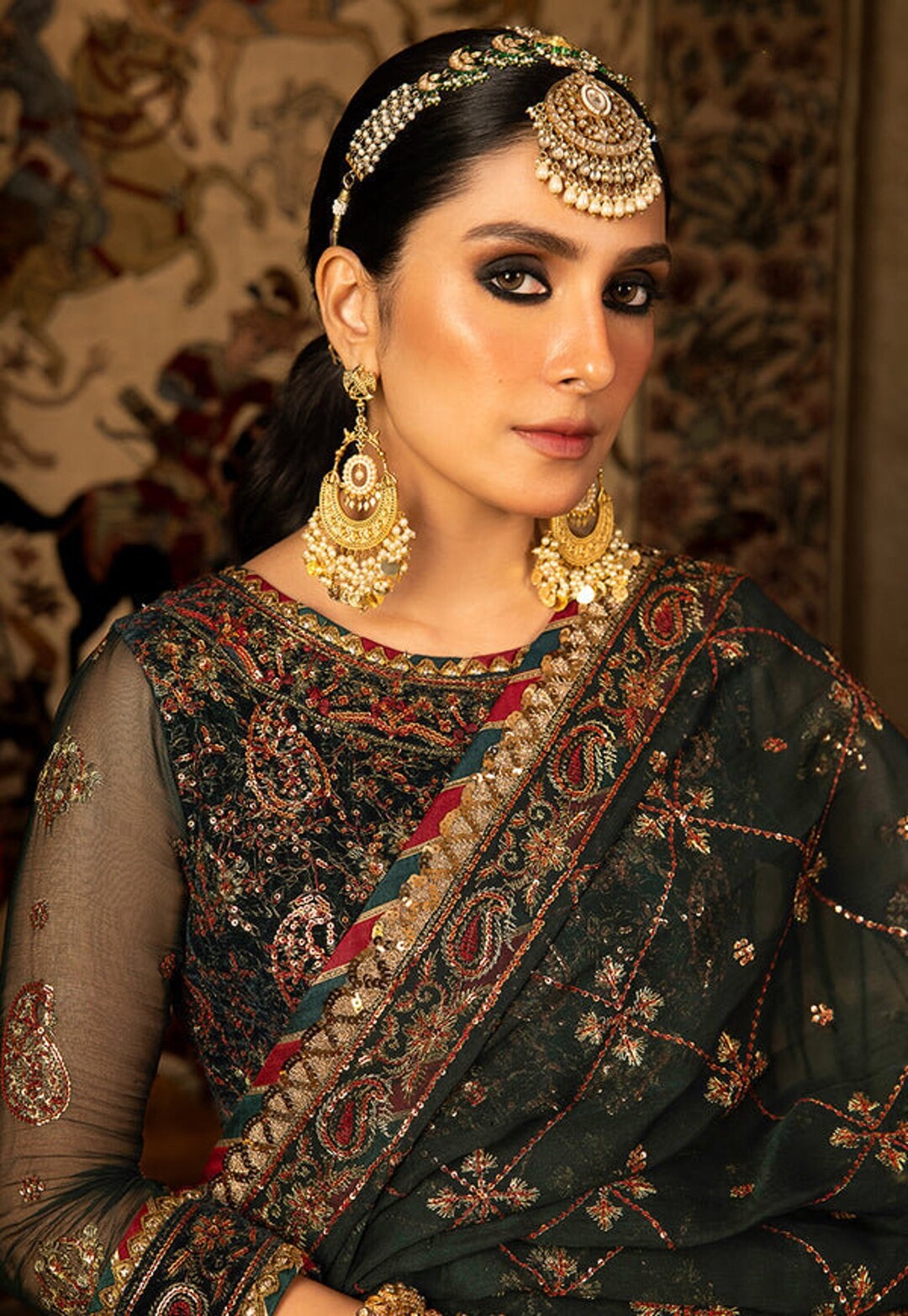 Pakistani Velvet Stocking, Kashmir Shawl, Olive Green Chiffon ...