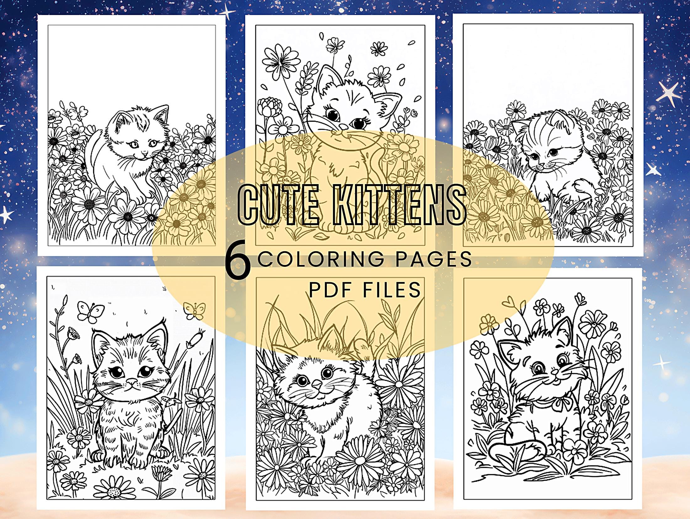 Printable Coloring Book, Cute Kittens, Flowers, Printable PDF, Digital ...