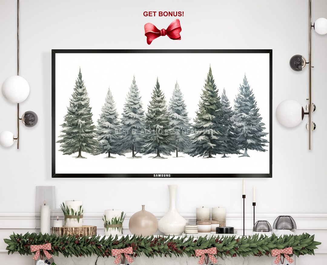Vintage Christmas Trees Scene Frame Tv Art, Christmas Trees Painting ...