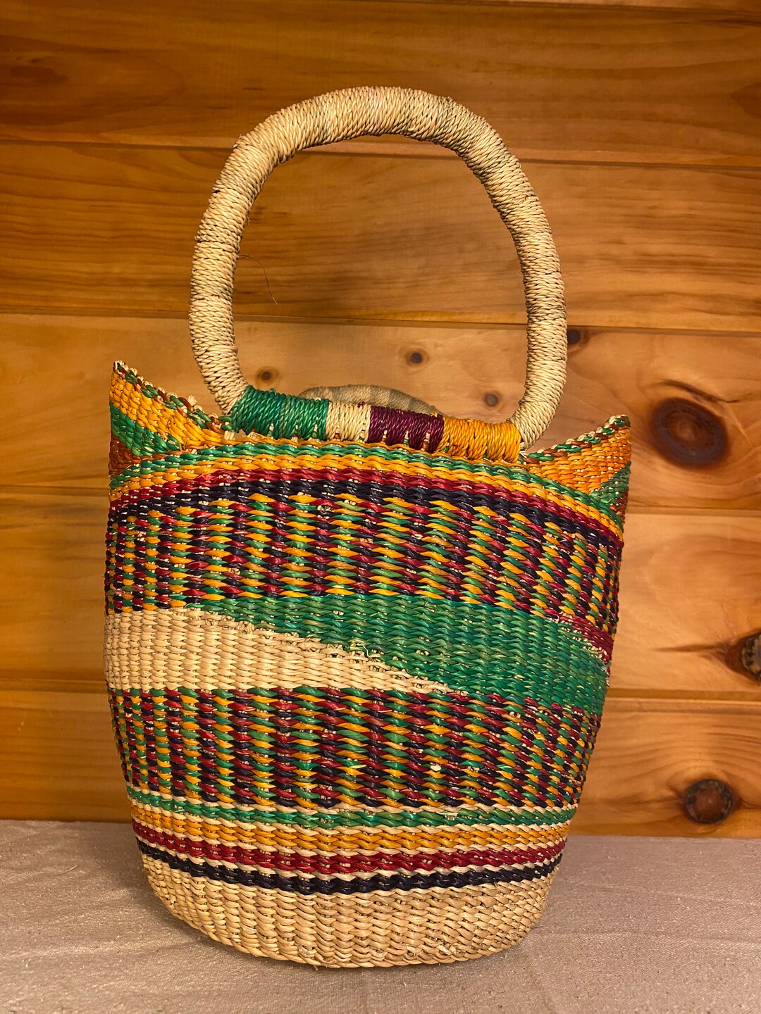 Medium-sized Handwoven Shopping Basket From Ghana- Green, Red, Yellow ...