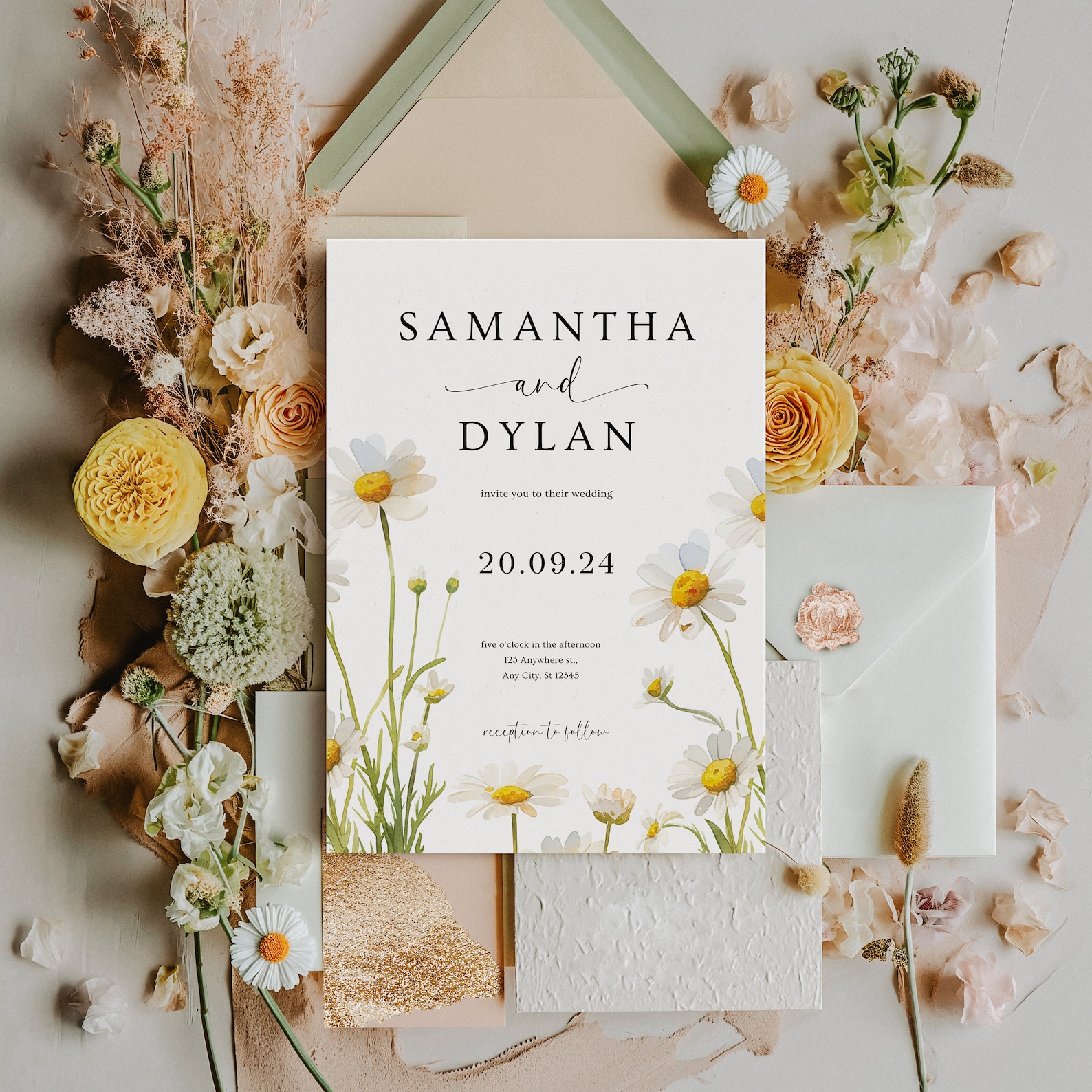 Daisy Wedding Invitation Suite, Editable Watercolor Floral (digital) - Etsy