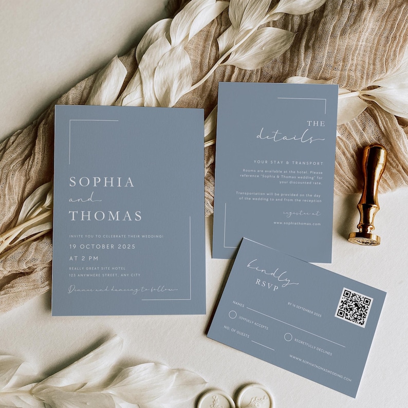 Dusty Blue Wedding Invitation Template Grey Blue Wedding Invitation ...