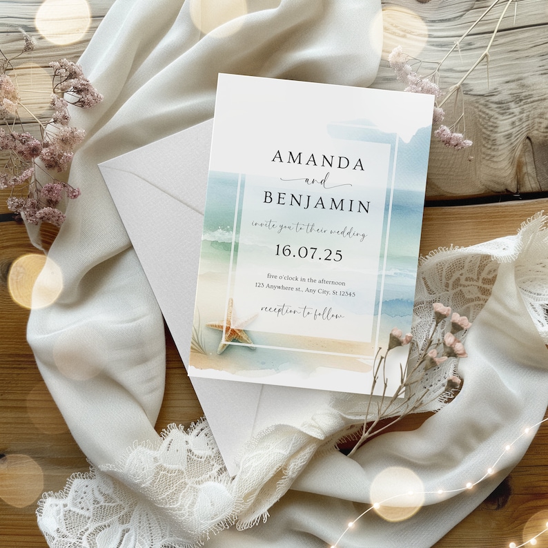 Beach Wedding Invitation Template Beach Invitation Editable Wedding ...