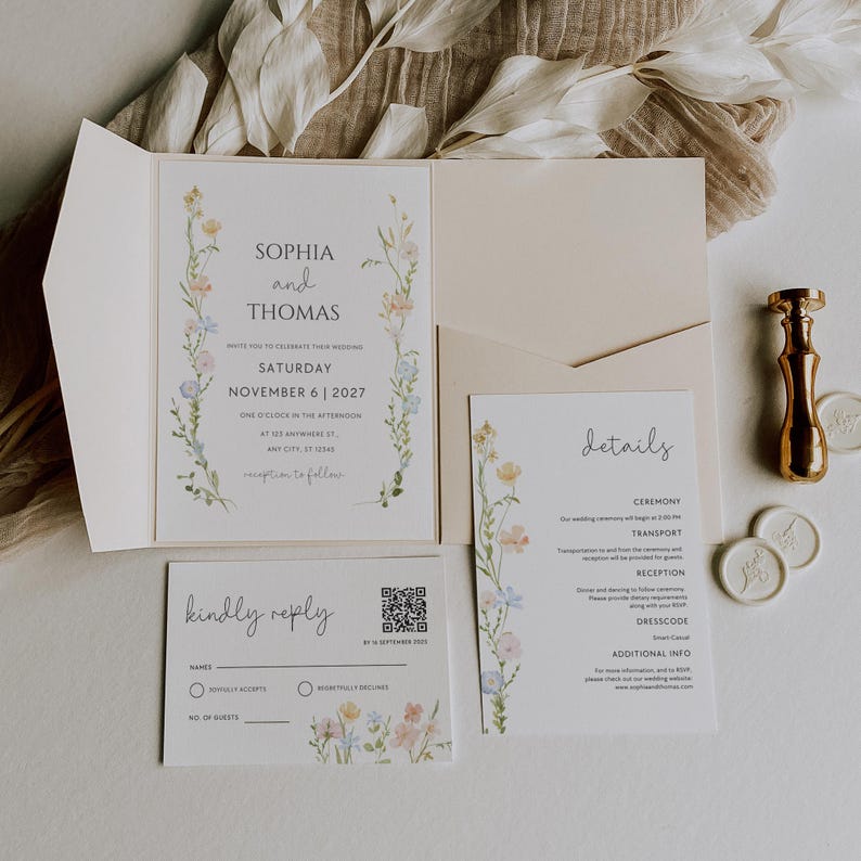 Floral Wedding Invitation Bundle Editable Wildflower Wedding Templates ...