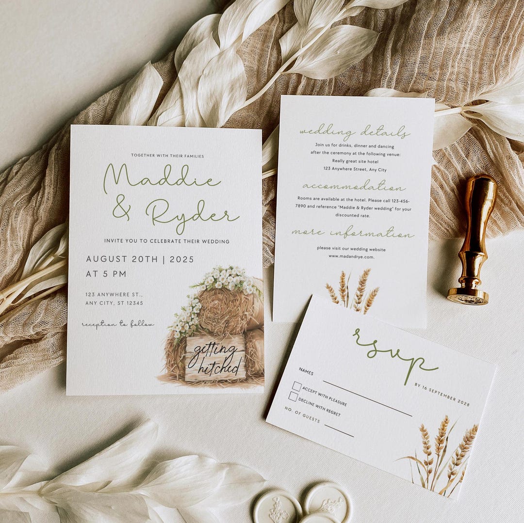 Country Wedding Invitation Getting Hitched Farm Wedding Invitation Hay ...