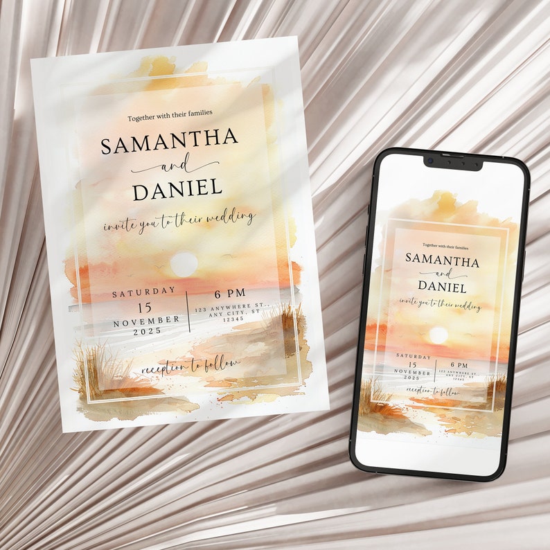Beach Sunset Wedding Invitation Template Sunset Wedding Invite Editable ...