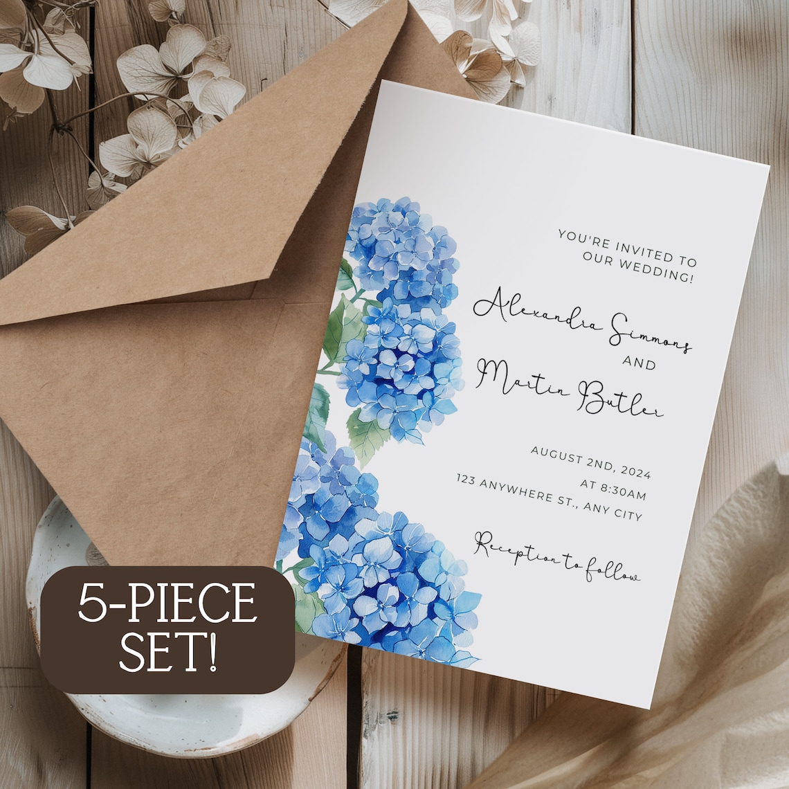 Blue Hydrangea Wedding Invitation Watercolor Hydrangea Invite Floral ...