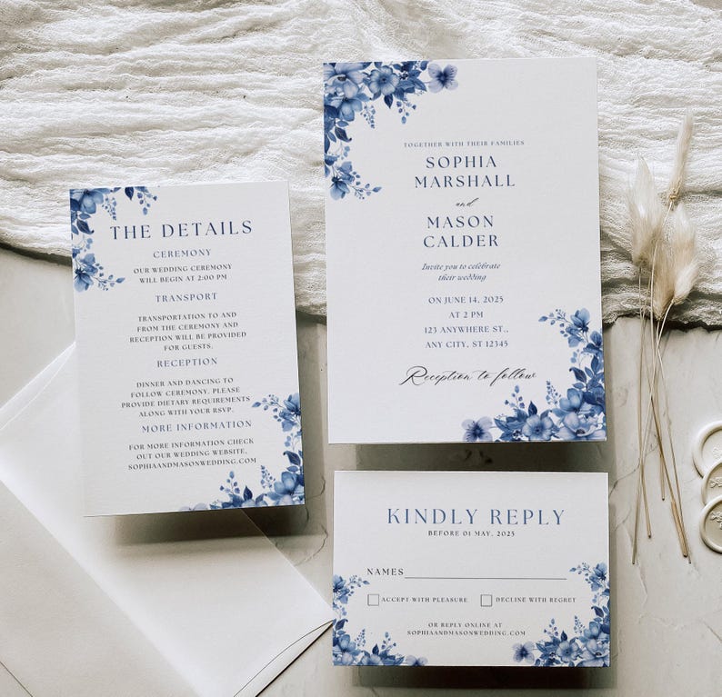 Blue Toile Wedding Invitation Template Chinoiserie Wedding Invitation ...