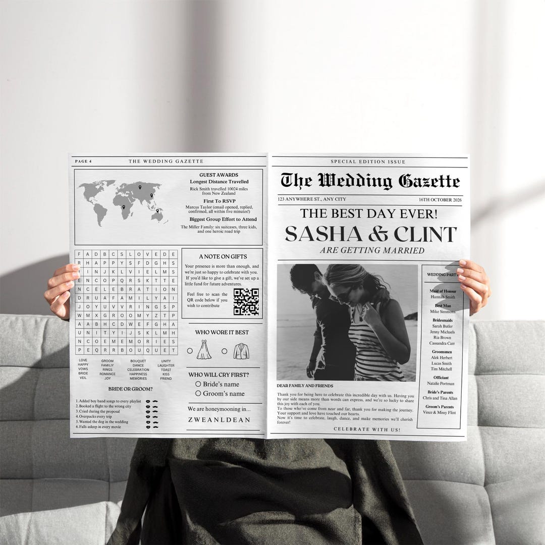 Wedding Newspaper Template Editable Canva Wedding Program Digital ...