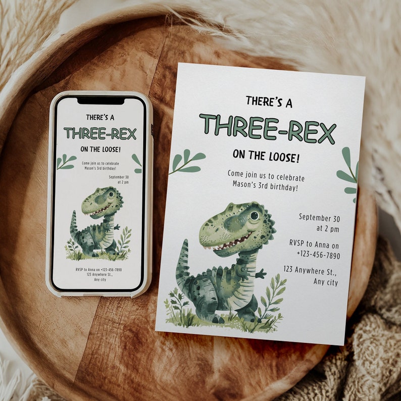 T-rex 3rd Birthday Invitation Three Rex Invitation Three Rex Birthday ...