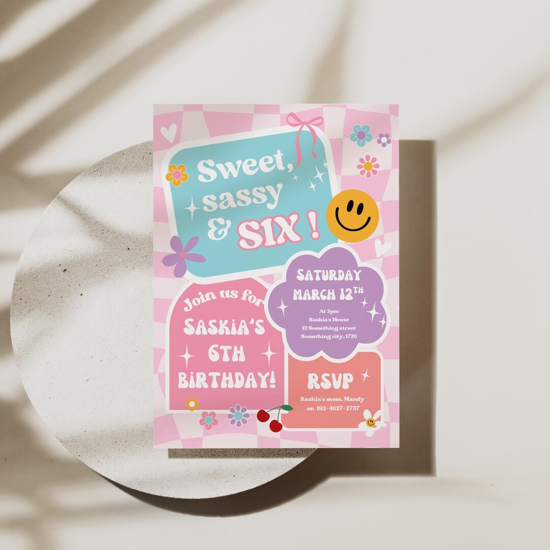Editable 6th Birthday Invitation Girl Retro Sweet Sassy Six Party ...