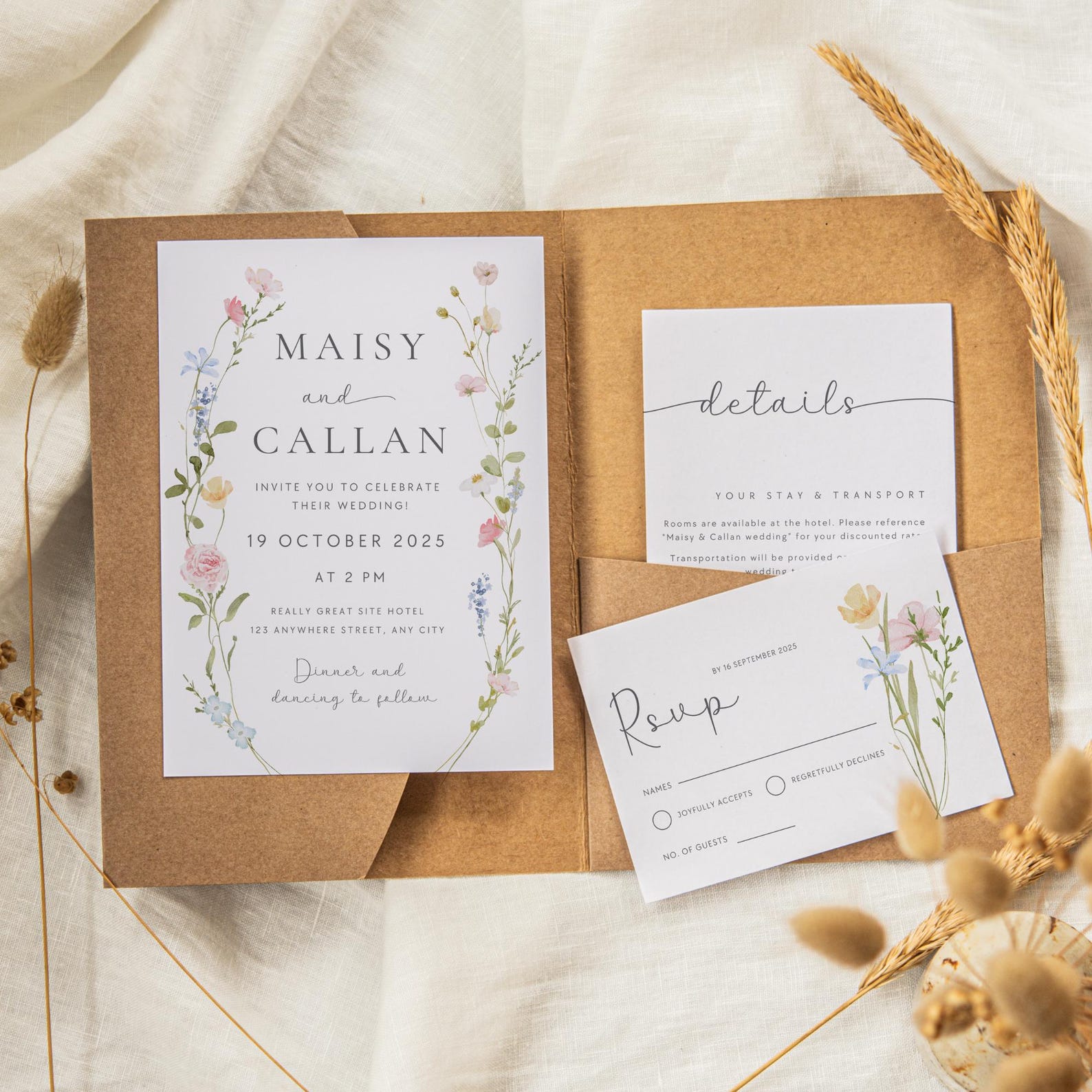 Wildflower Wedding Invitation Template Suite Canva Floral Wedding ...