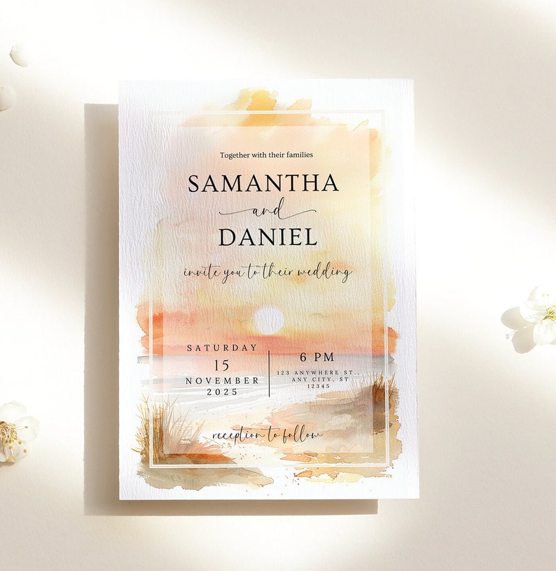 Beach Sunset Wedding Invitation Template Sunset Wedding Invite Editable ...