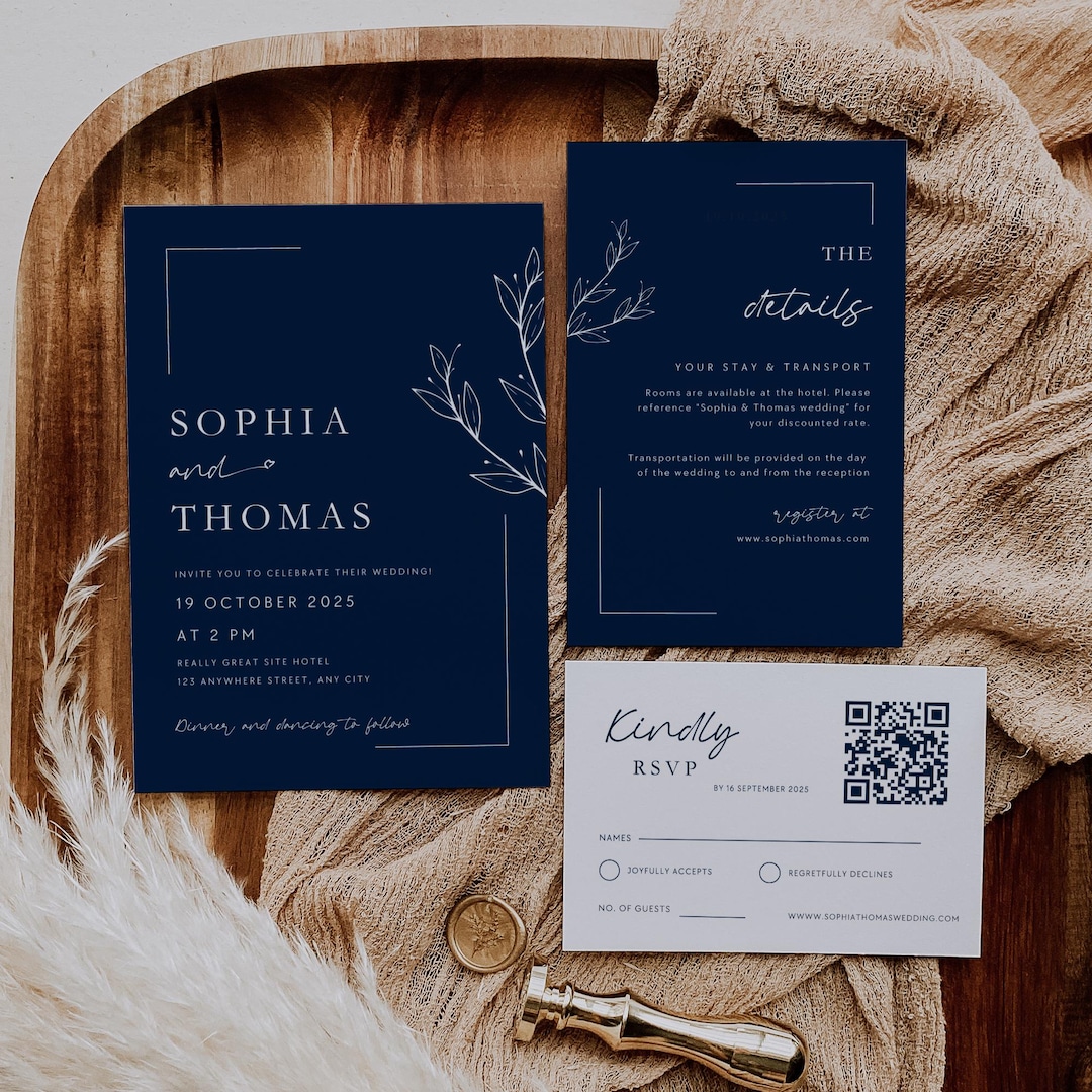 Deep Blue Wedding Invitation Template Classic Navy Blue Wedding Suite ...