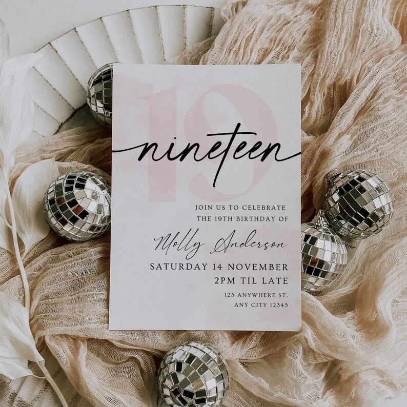 Editable 19th Birthday Invitation Elegant Nineteen Party Printable ...