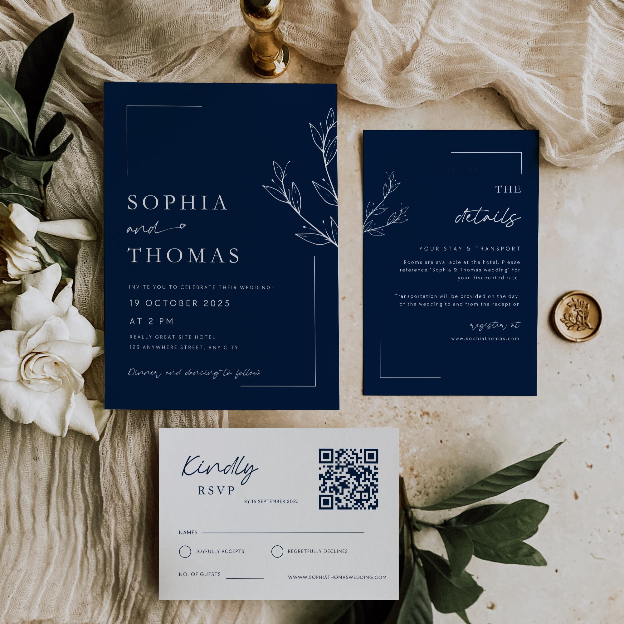 Deep Blue Wedding Invitation Template Classic Navy Blue Wedding Suite ...