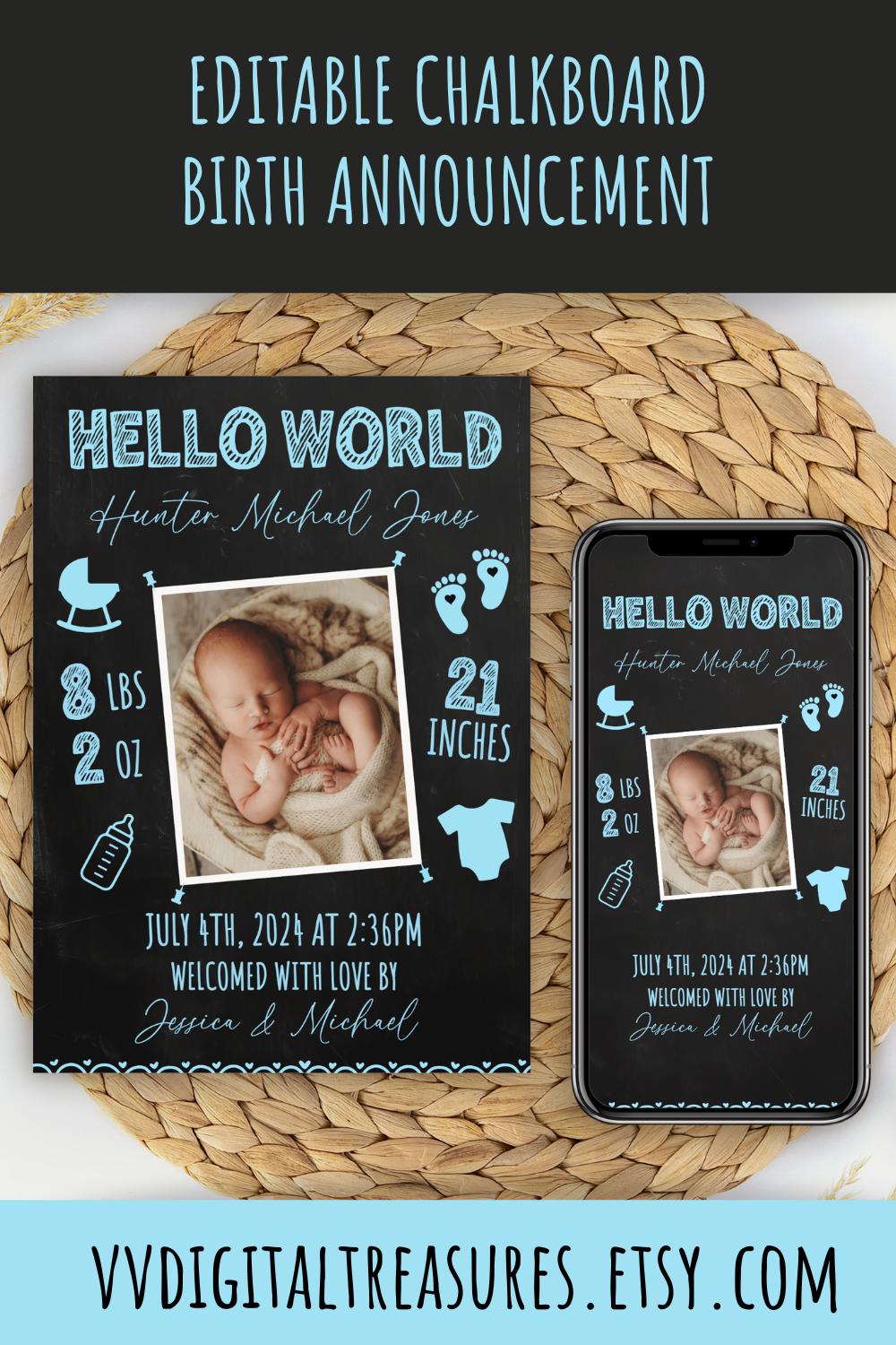 EDITABLE Baby Boy Birth Announcement Template, Chalkboard Birth ...