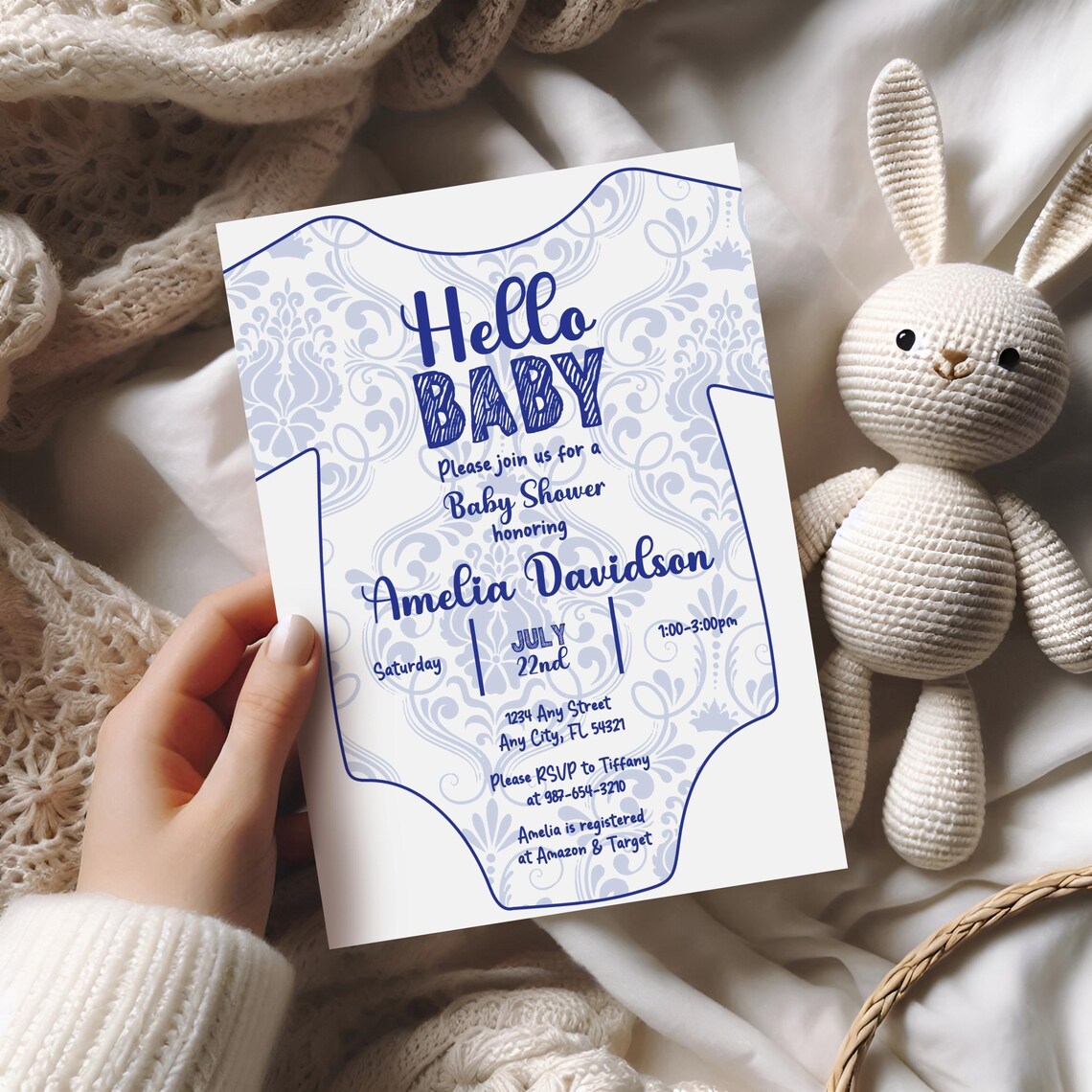 EDITABLE Blue Toile Baby Shower Invitation Template, Onesie Baby Shower ...