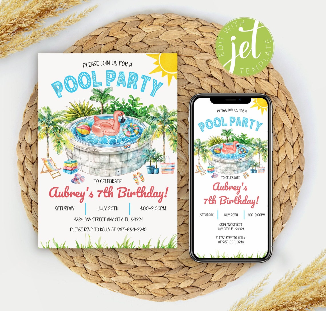 EDITABLE Pool Party Birthday Invitation Template, Any Age, Swimming ...