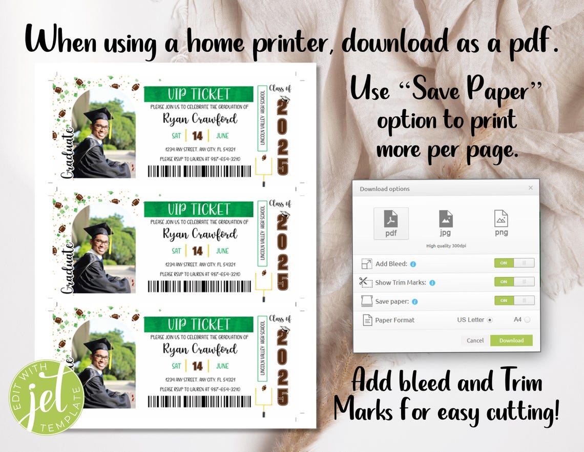 EDITABLE Football Graduation Photo Ticket Invitation Template, High ...