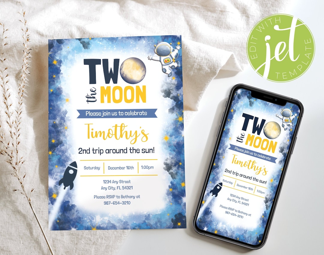 EDITABLE Two the Moon Invitation Template, Outer Space Themed Party ...