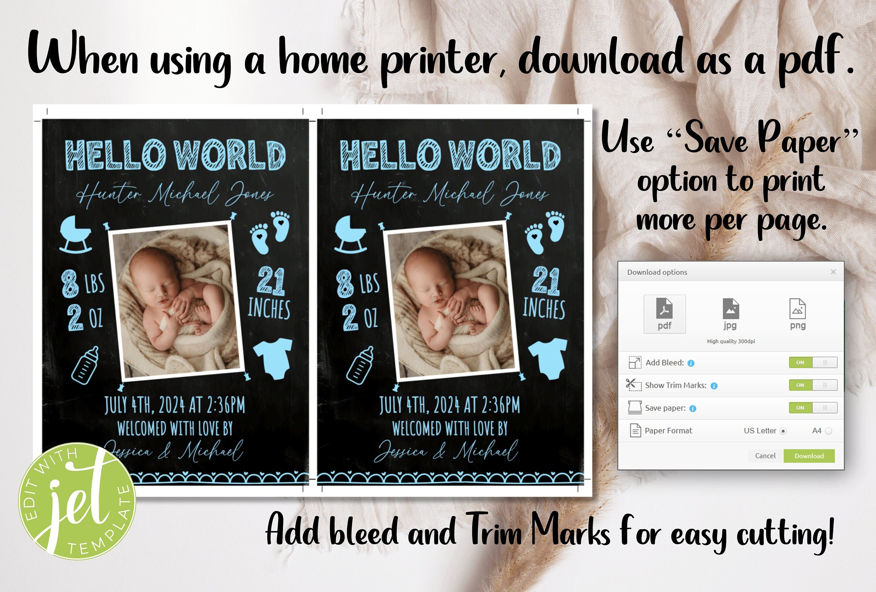 EDITABLE Baby Boy Birth Announcement Template, Chalkboard Birth ...