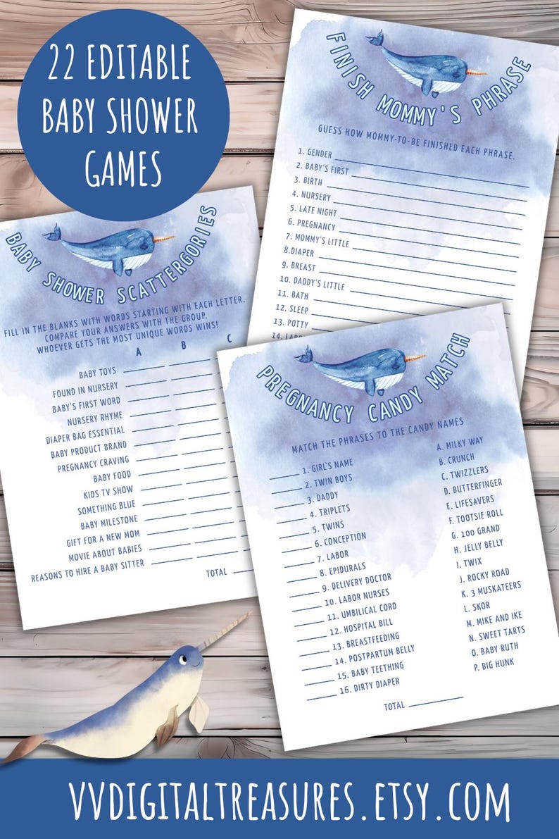 EDITABLE Narwhal Baby Shower Games Bundle, Under the Sea Baby Shower ...