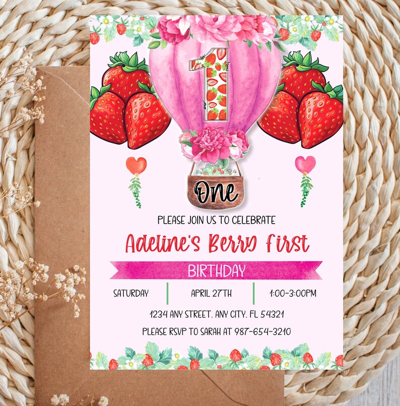 EDITABLE Berry First Birthday Invitation Template, Strawberry 1st ...