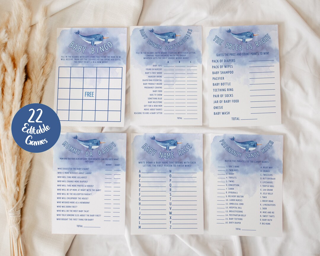 EDITABLE Narwhal Baby Shower Games Bundle, Under the Sea Baby Shower ...