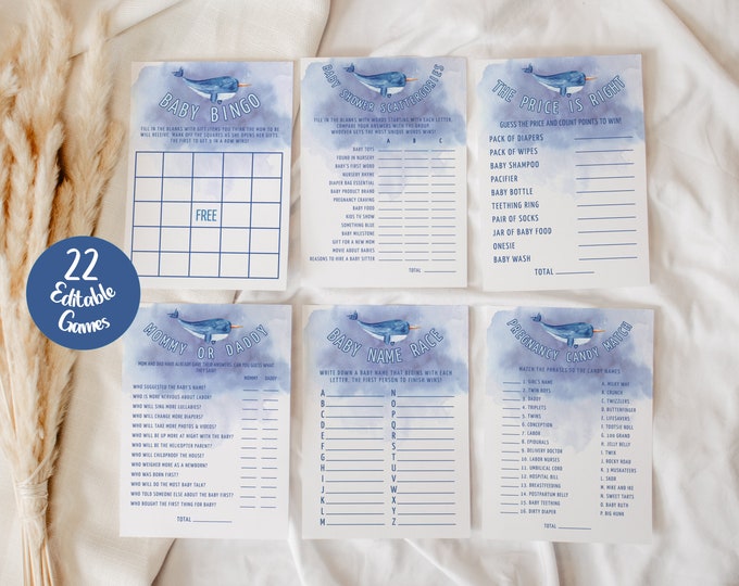 EDITABLE Narwhal Baby Shower Games Bundle, Under the Sea Baby Shower ...