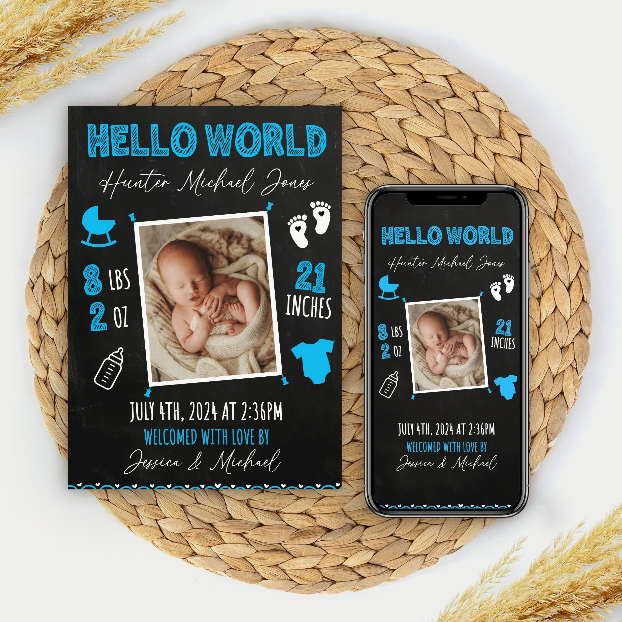 EDITABLE Baby Boy Birth Announcement Template, Chalkboard Birth ...