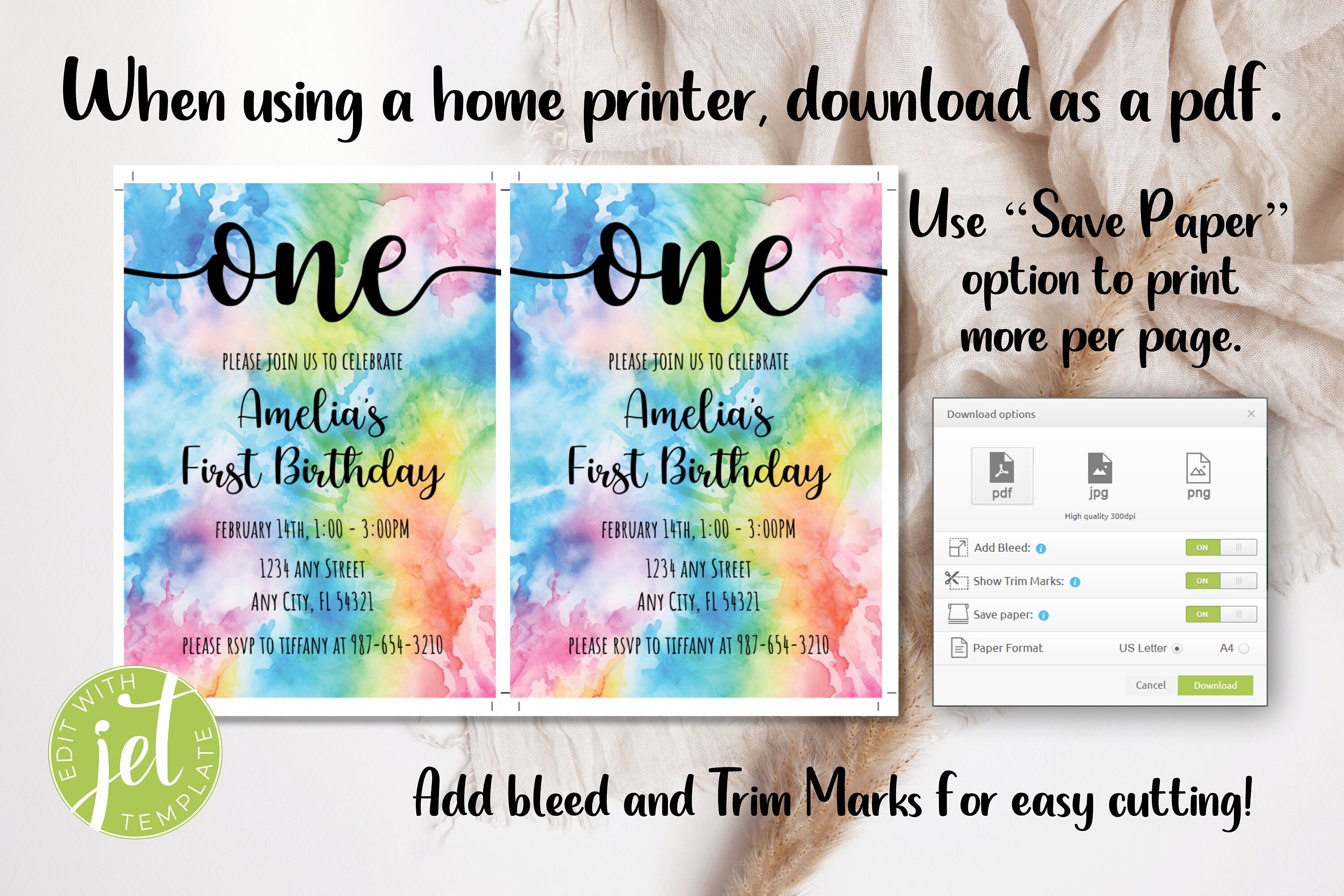 EDITABLE Tie Dye Rainbow Birthday Invitation Template, Colorful Pastel ...