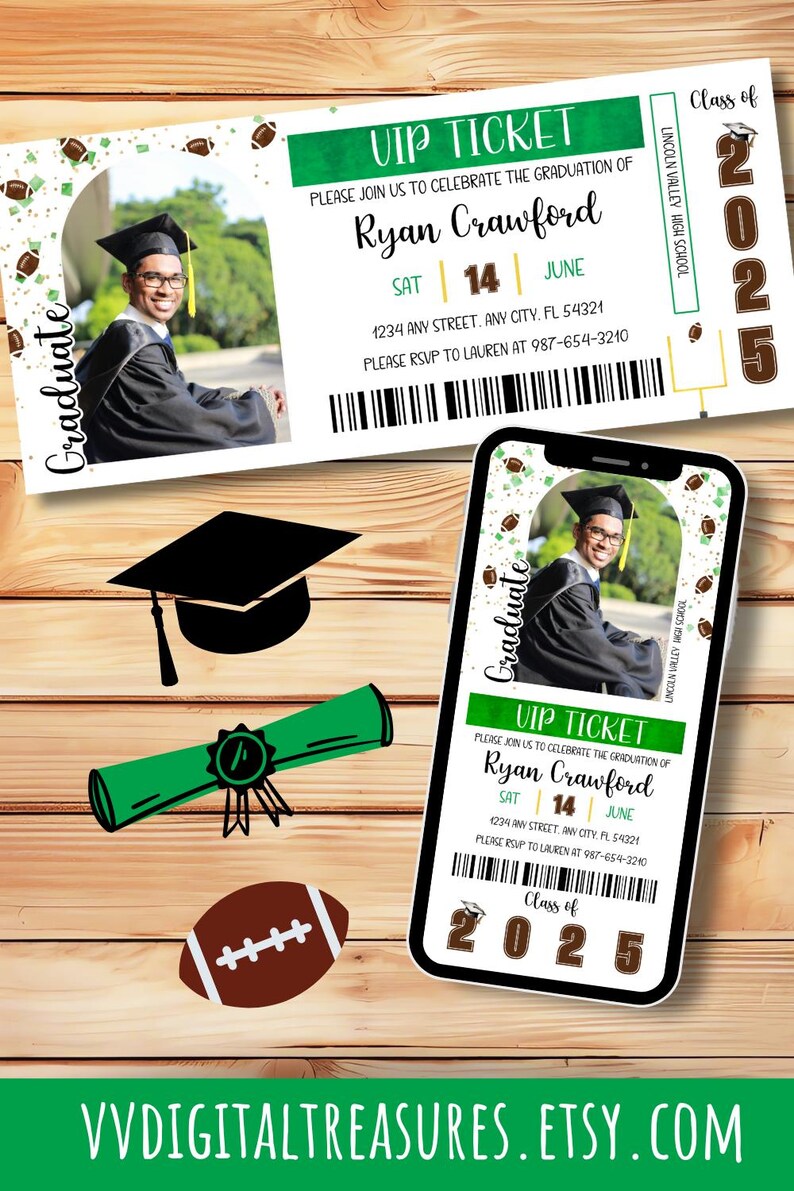 EDITABLE Football Graduation Photo Ticket Invitation Template, High ...