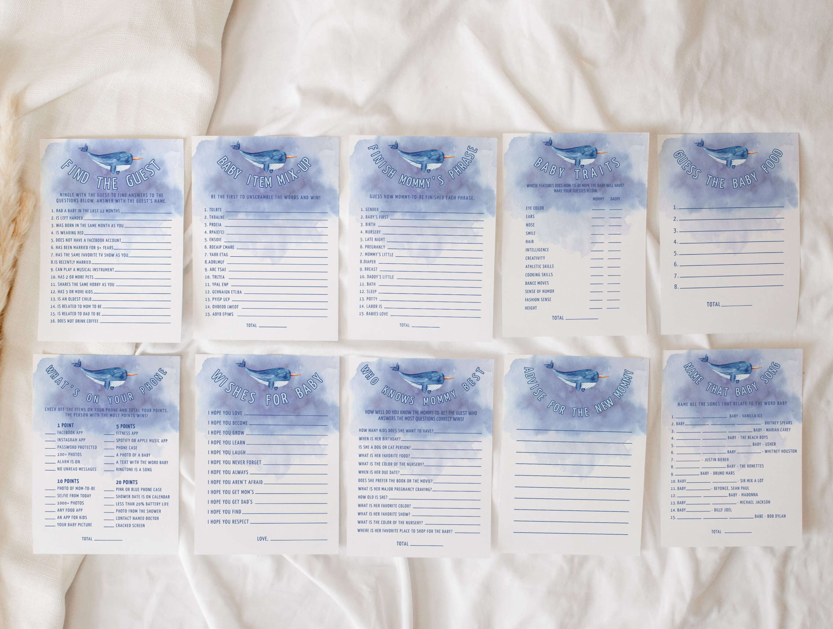 EDITABLE Narwhal Baby Shower Games Bundle, Under the Sea Baby Shower ...