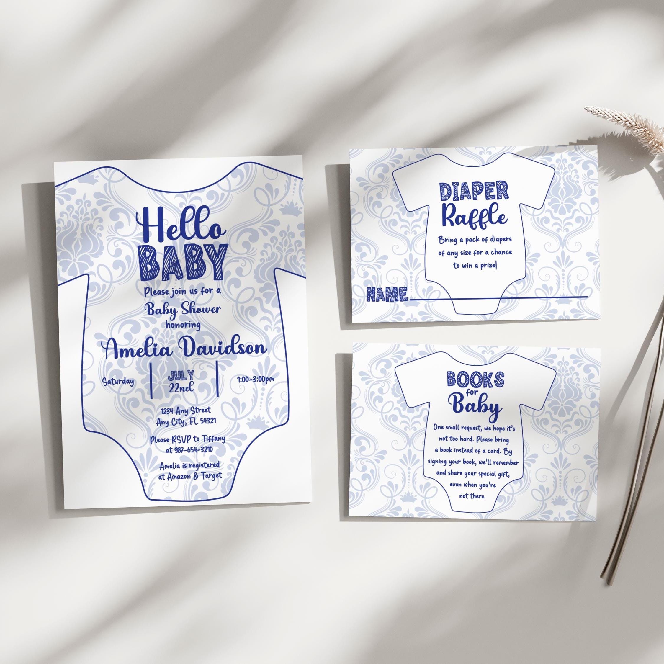 EDITABLE Blue Toile Baby Shower Invitation Template, Onesie Baby Shower ...