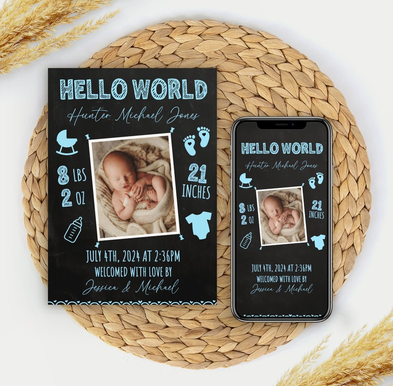 EDITABLE Baby Boy Birth Announcement Template, Chalkboard Birth ...
