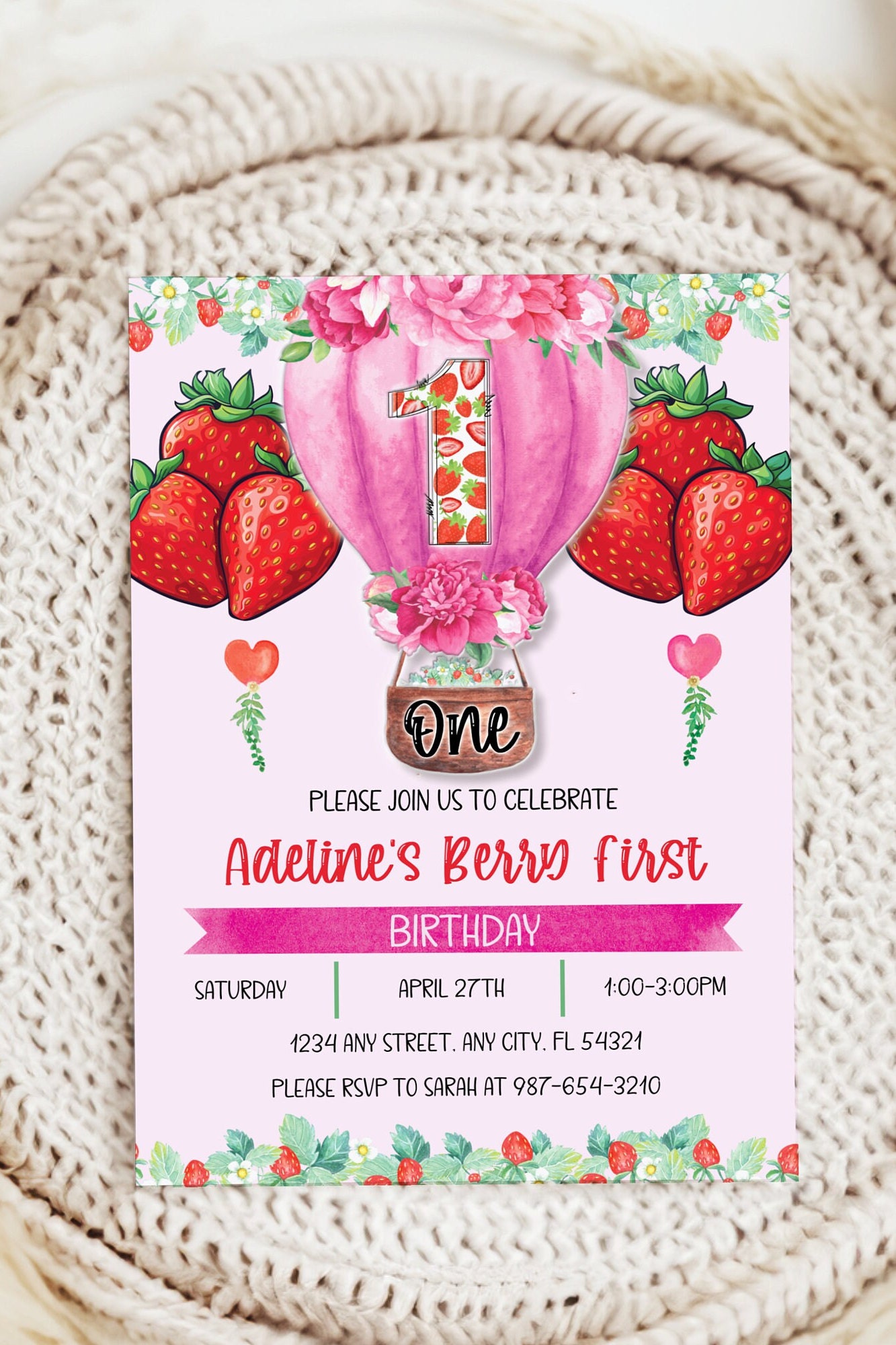 EDITABLE Berry First Birthday Invitation Template, Strawberry 1st ...