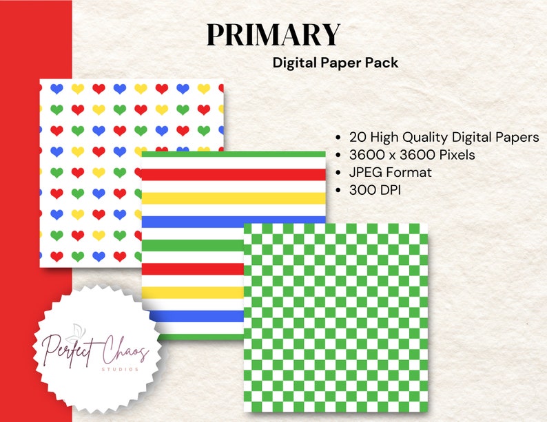 Primary Colors Digital Paper Pack: Rainbow, Stripes, Dots (digital ...