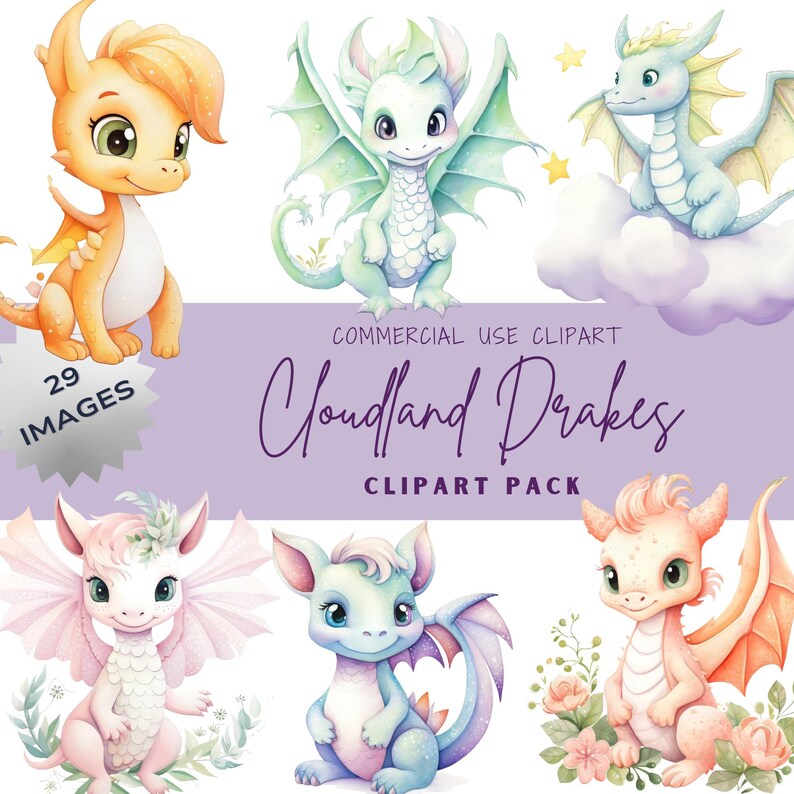 Watercolor Dragon Clipart, Cute Dragon Clipart, Dragon Kingdom, Pastel Baby Dragons PNG, Fantasy ...