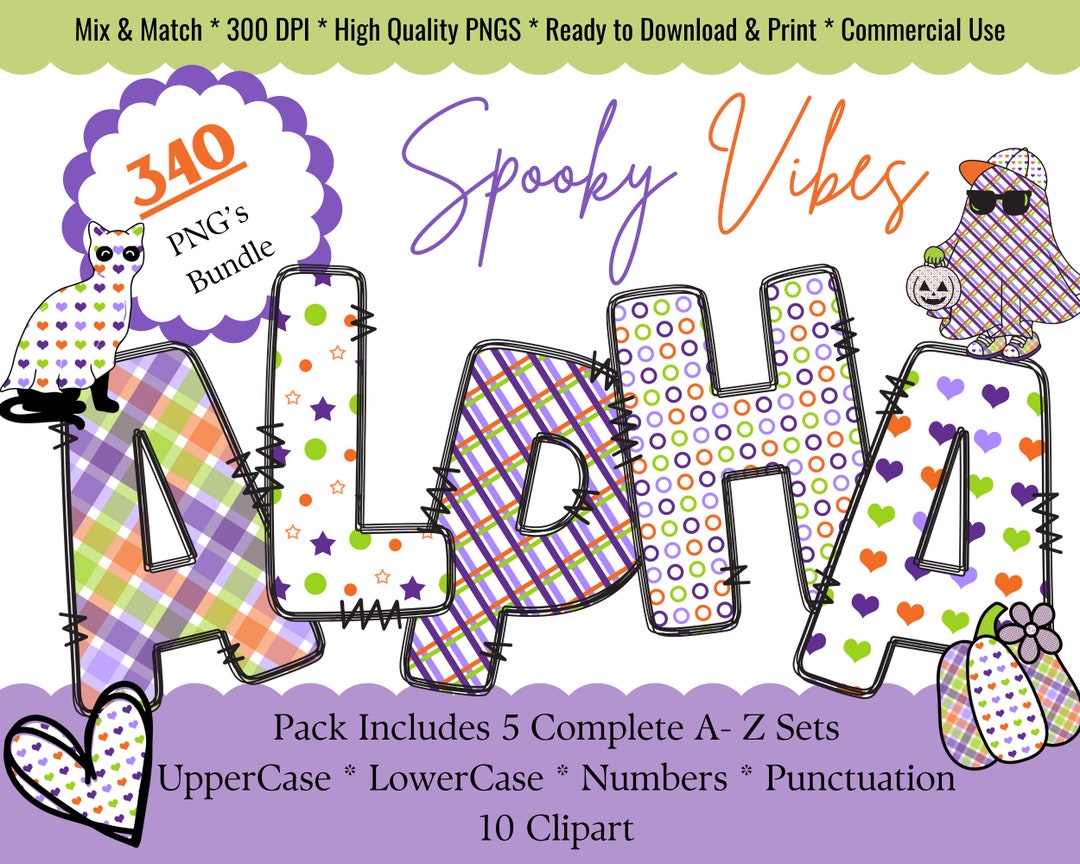 Halloween Doodle Alphabet Bundle, Halloween PNG Letters, Numbers ...