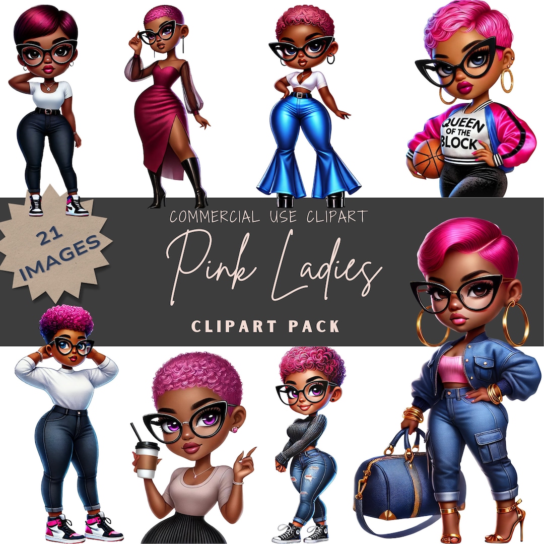 Black Girl Chibi Clipart: Hot Pink Hair Graphics (21 Pngs) - Etsy