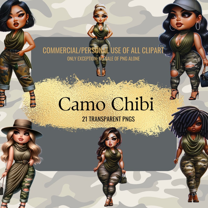 21 Beautiful Women Camo Chibi Clipart PNG INSTANT DOWNLOAD Instant ...