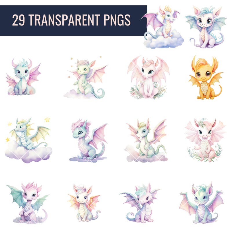 Watercolor Dragon Clipart, Cute Dragon Clipart, Dragon Kingdom, Pastel ...