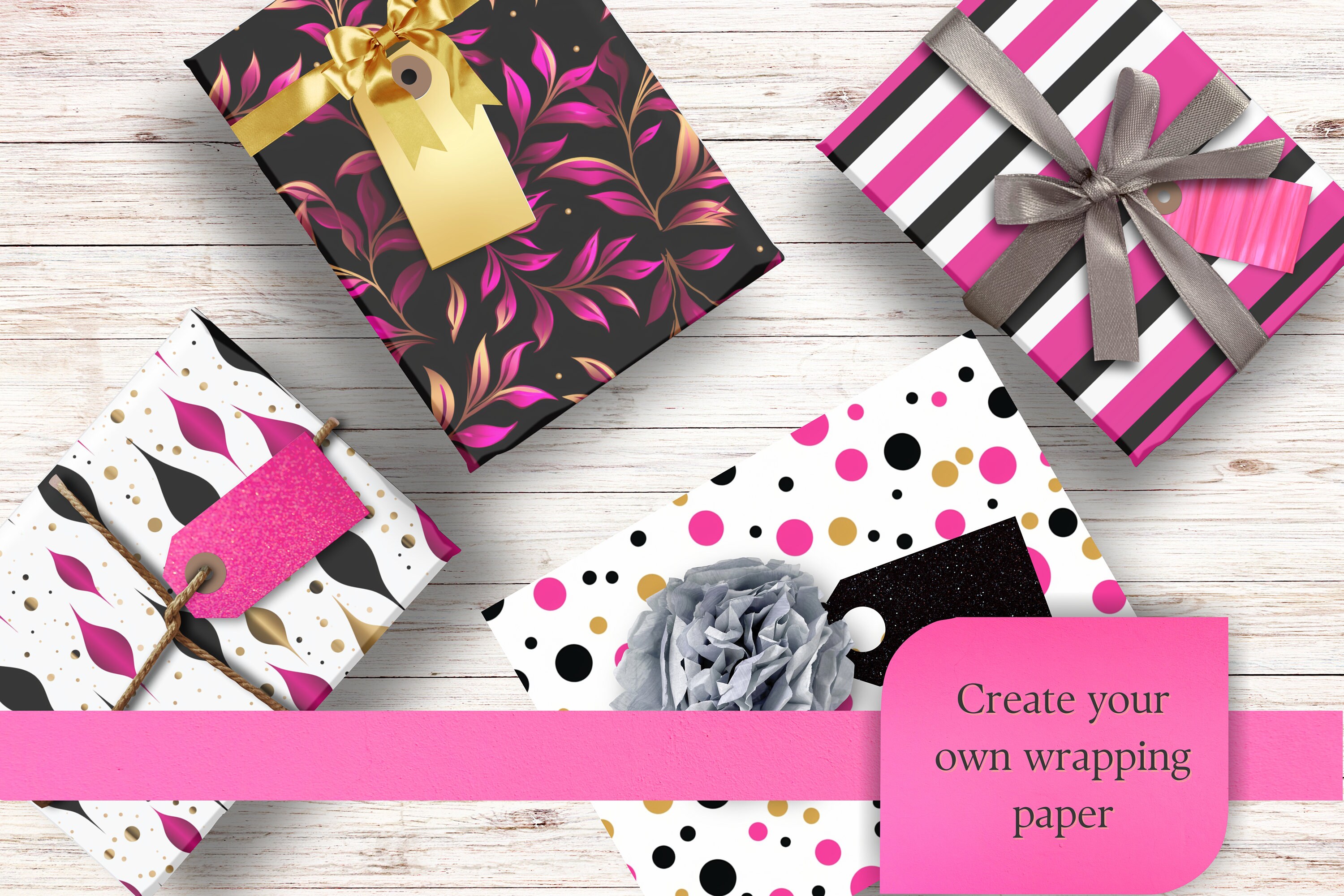 Luxurious Hot Pink & Black Digital Paper Pack Seamless 12x12 300 DPI ...