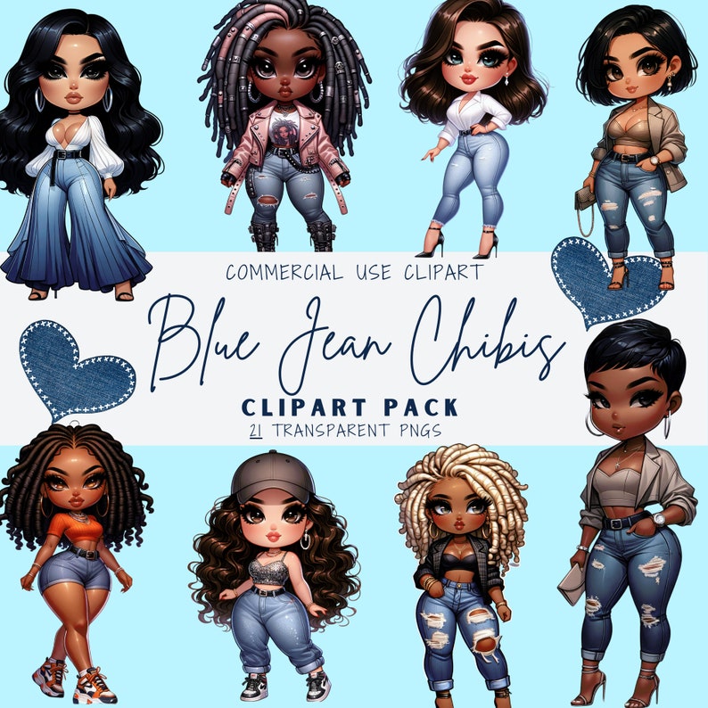 Chic Denim Chibi Clipart: 21 PNG Fashion Graphics (instant Download) - Etsy