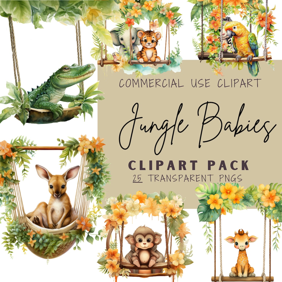 25 Cute Jungle Animals, Safari Baby Animal PNG, Watercolor Animal ...