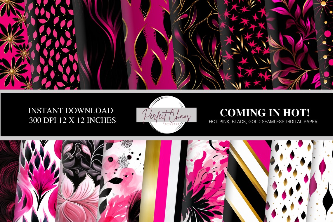 Luxurious Hot Pink & Black Digital Paper Pack Seamless 12x12 300 DPI ...