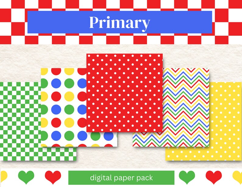 Primary Colors Digital Paper Pack: Rainbow, Stripes, Dots (digital ...