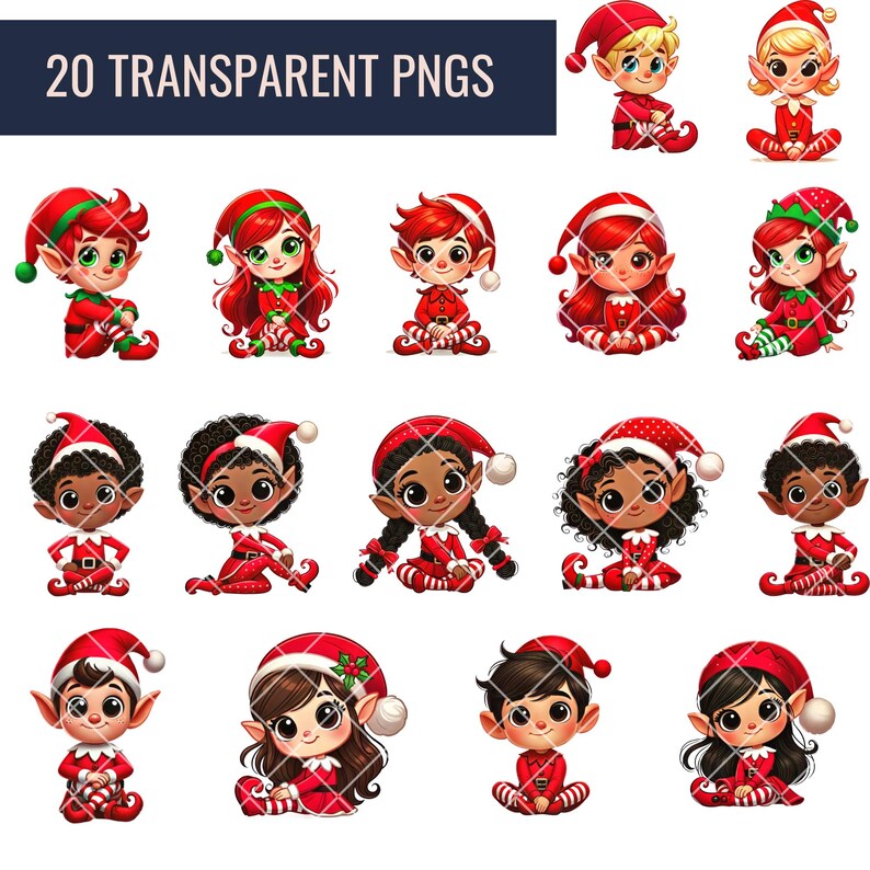 Christmas Elves Clipart: 16 Diverse Holiday PNG Images (digital ...
