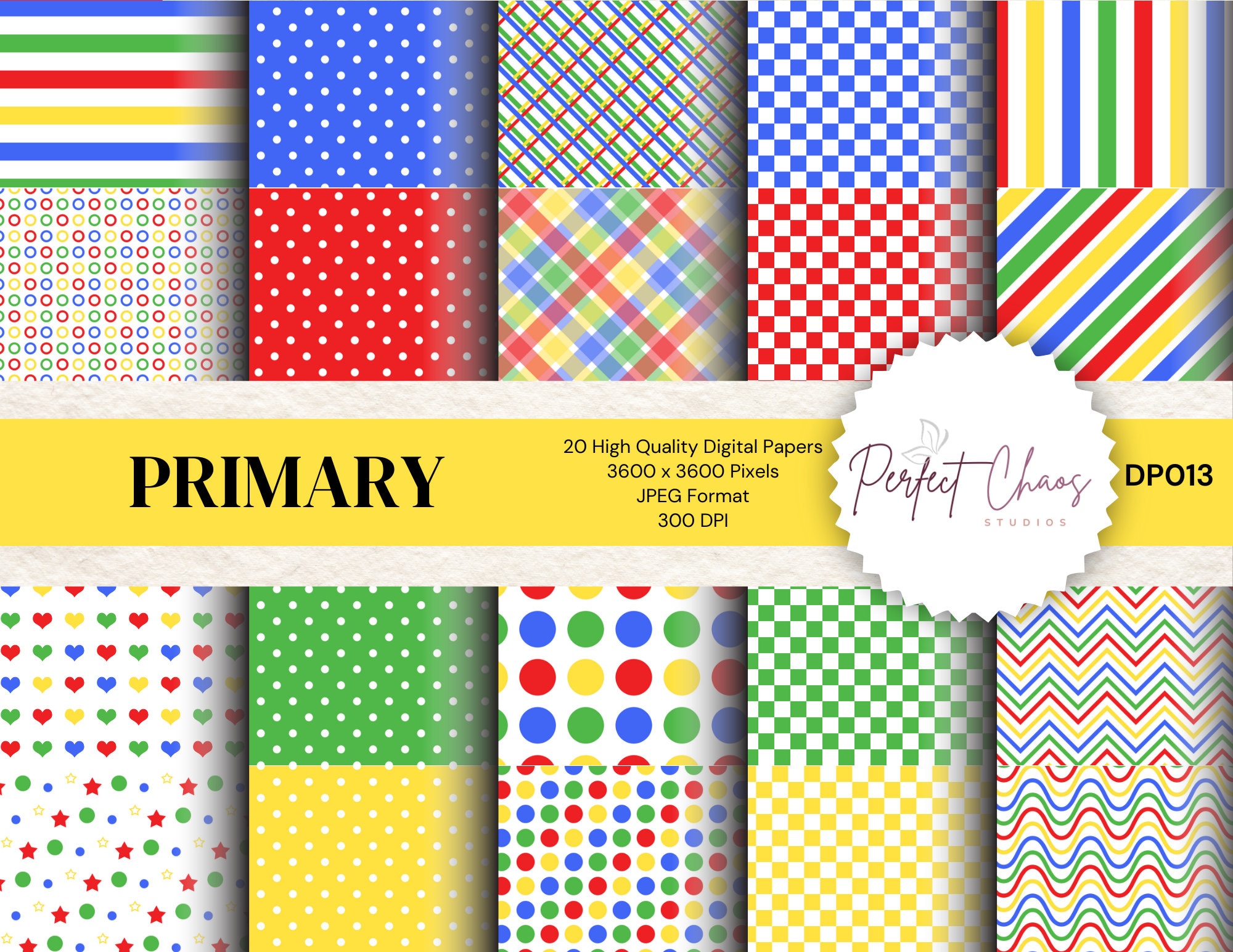 Primary Colors Digital Paper Pack: Rainbow, Stripes, Dots (digital ...